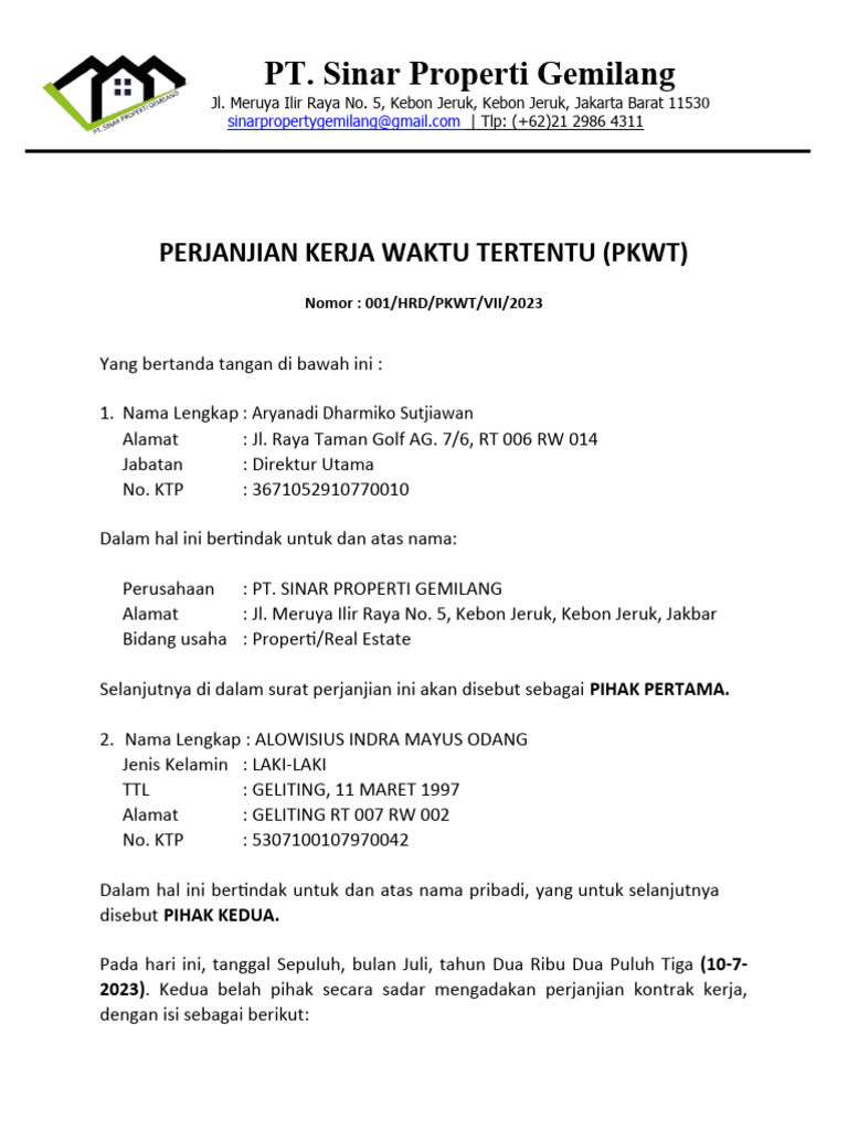Contoh Surat PKWT | PDF