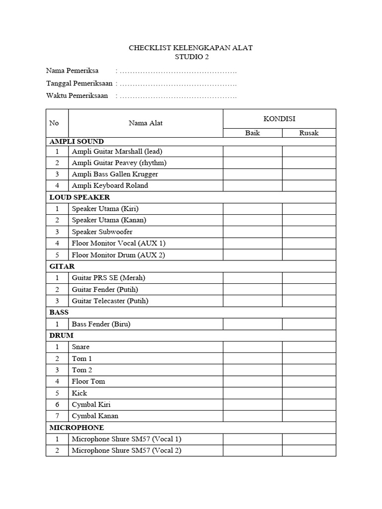 Checklist Kelengkapan Alat Studio 2 | PDF