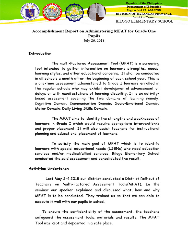 Accomplishment Report On Administering MFAT (Bilogo ES, Taysan District ...