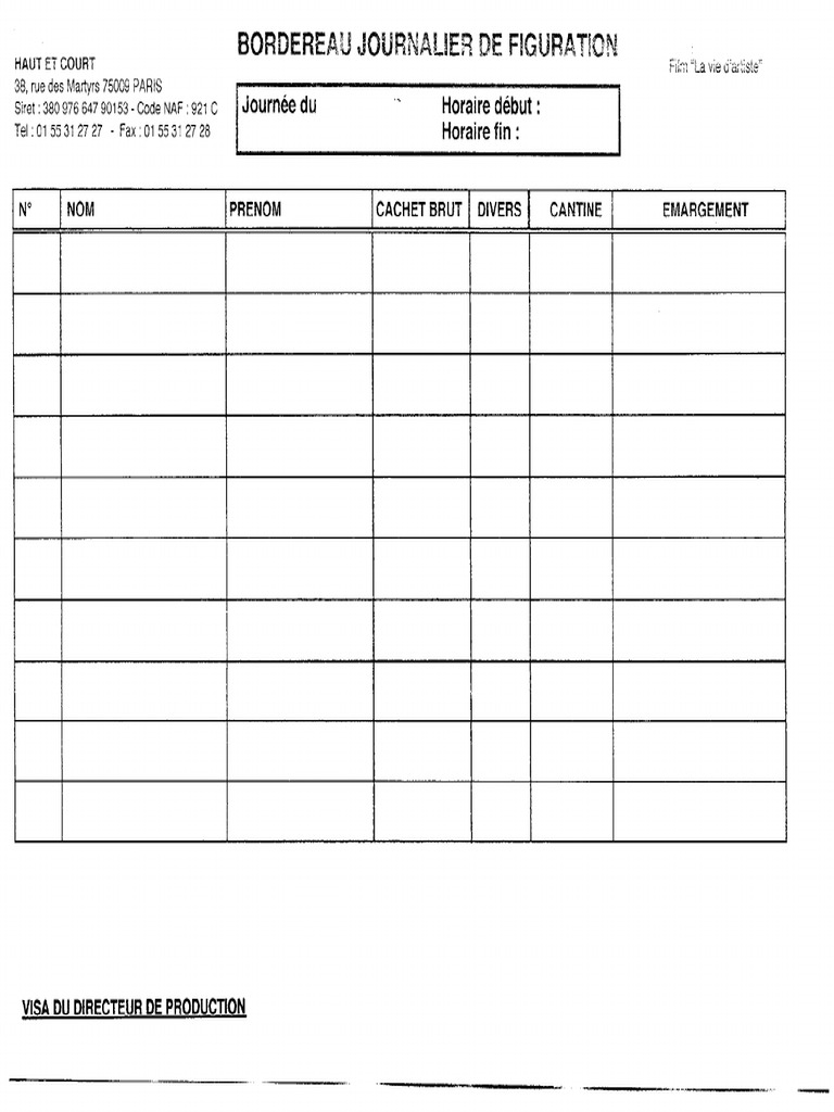 BORDEREAU JOURNALIER DE FIGURATION Exemple Type | PDF