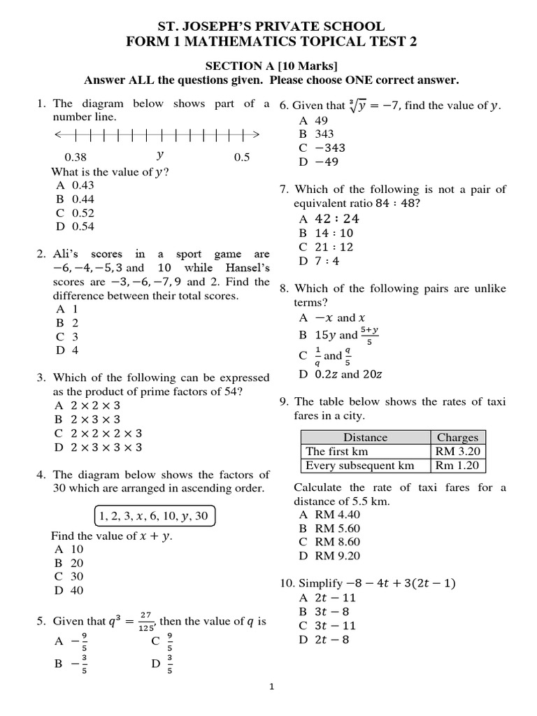 Form 1 - Mathematics Topical Test 2 2021 | PDF | Ratio | Mathematics