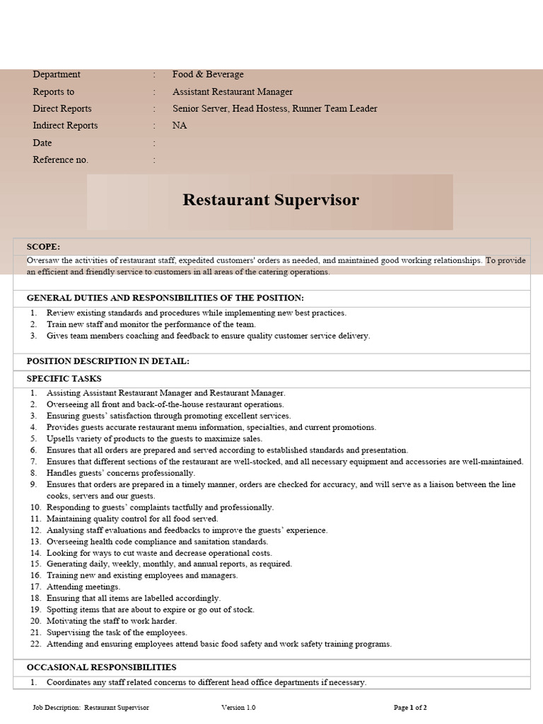 JD-OPS-FBS004-Restaurant Supervisor | PDF | Employment | Restaurants
