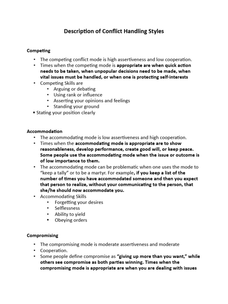 Handout 1 - Conflict Handling Styles | PDF | Negotiation | Psychology
