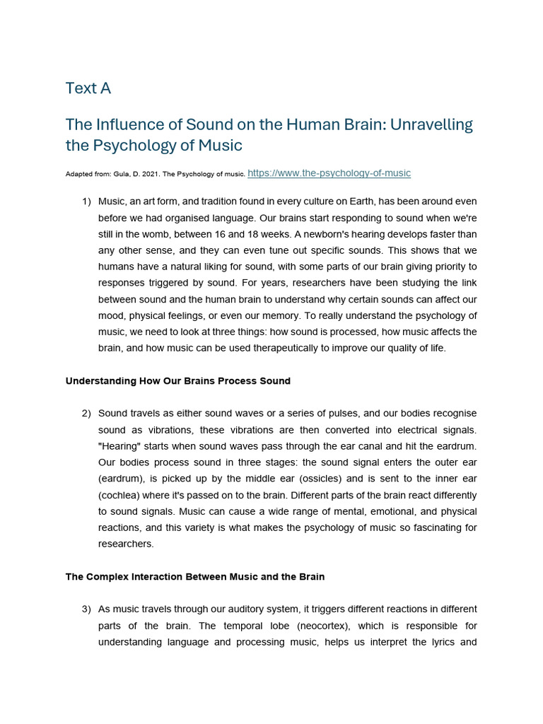 Text A The Influence of Sound On The Human Brain: Unravelling The ...