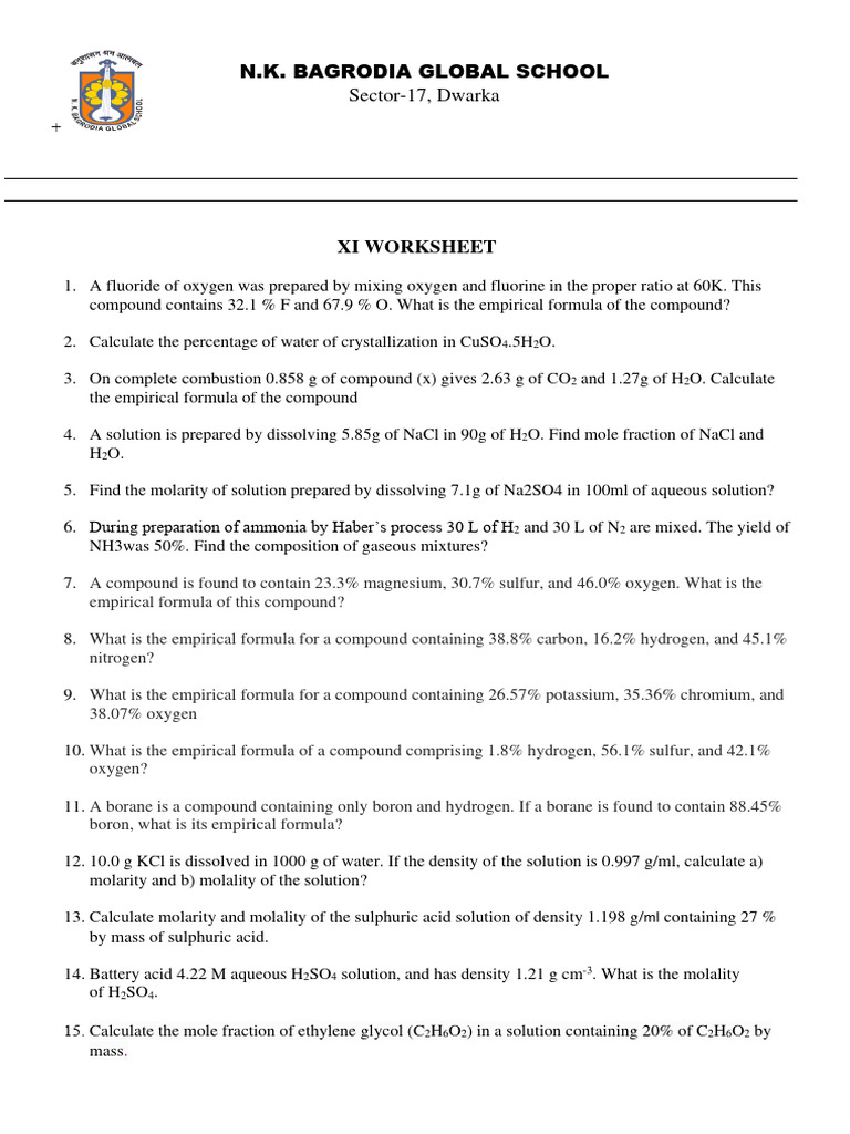 Class Xi Worksheet | PDF