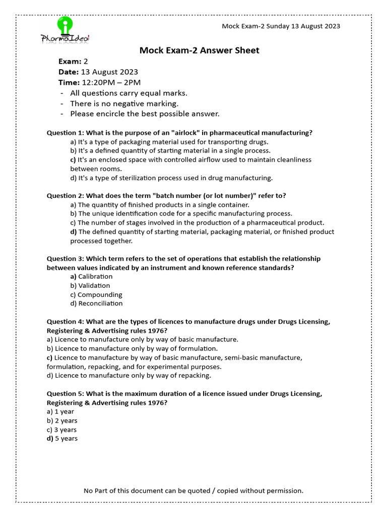 Mock Exam-2 Answers Sheet | PDF | Clinical Trial | Prescription Drugs