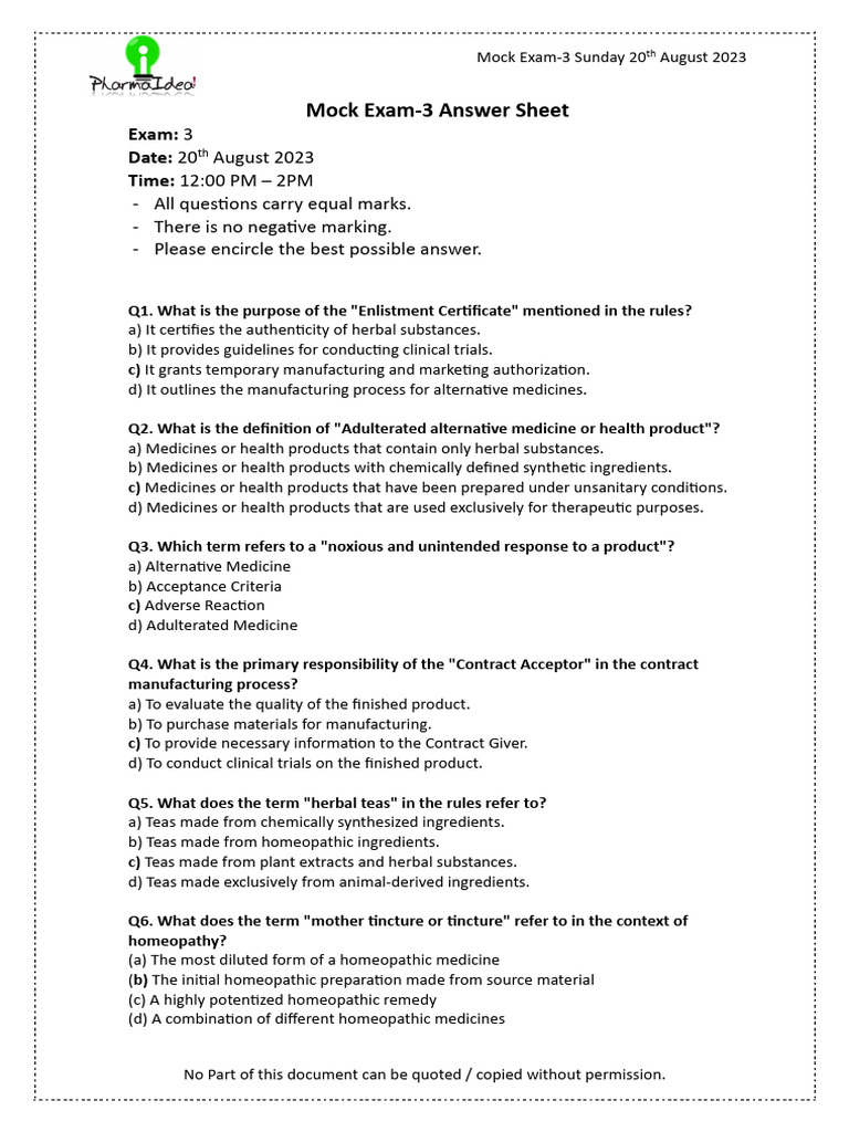 Mock Exam-3 Answer Sheet | PDF | Pharmacovigilance | Clinical Trial