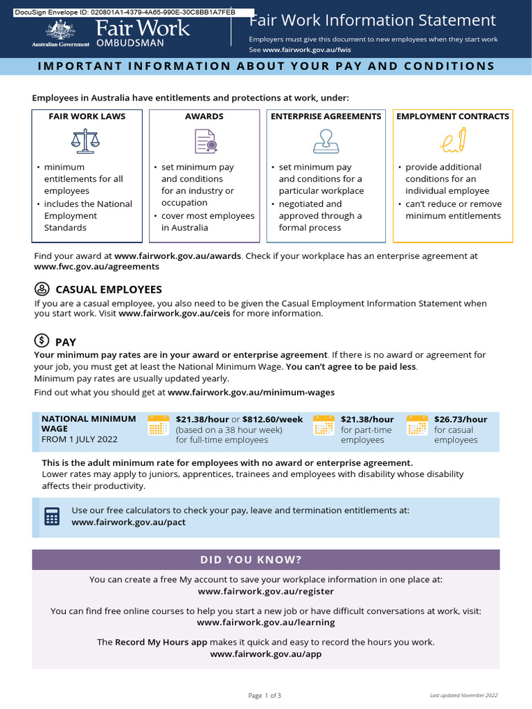 Fair Work Information Statement | PDF | Employment | Minimum Wage