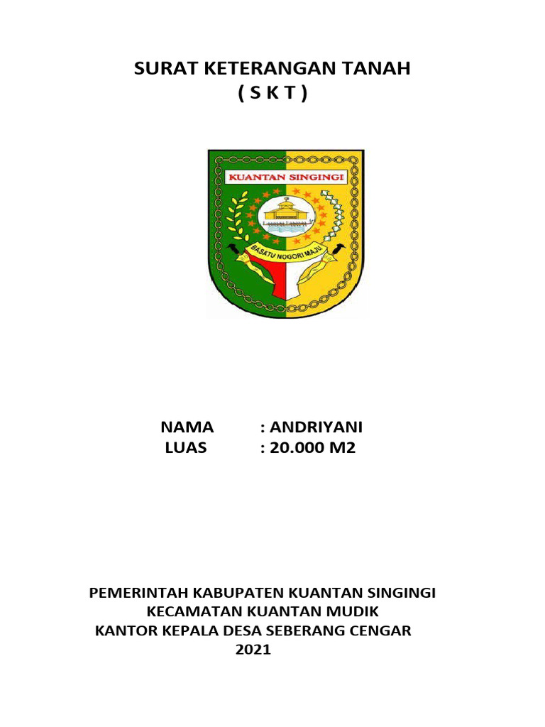 Surat Keterangan Tanah (SKT) : Nama: Andriyani Luas: 20.000 M2 | PDF
