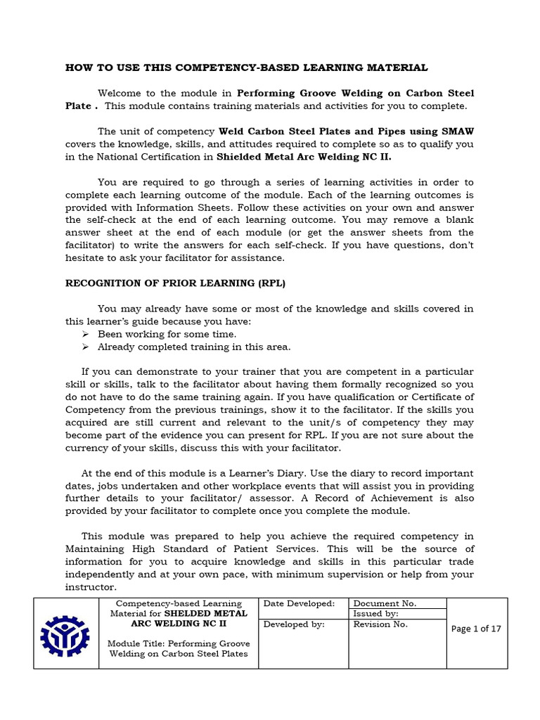 HOW TO USE THIS COMPETENCY To Learning Experiences | PDF | Welding | Construction