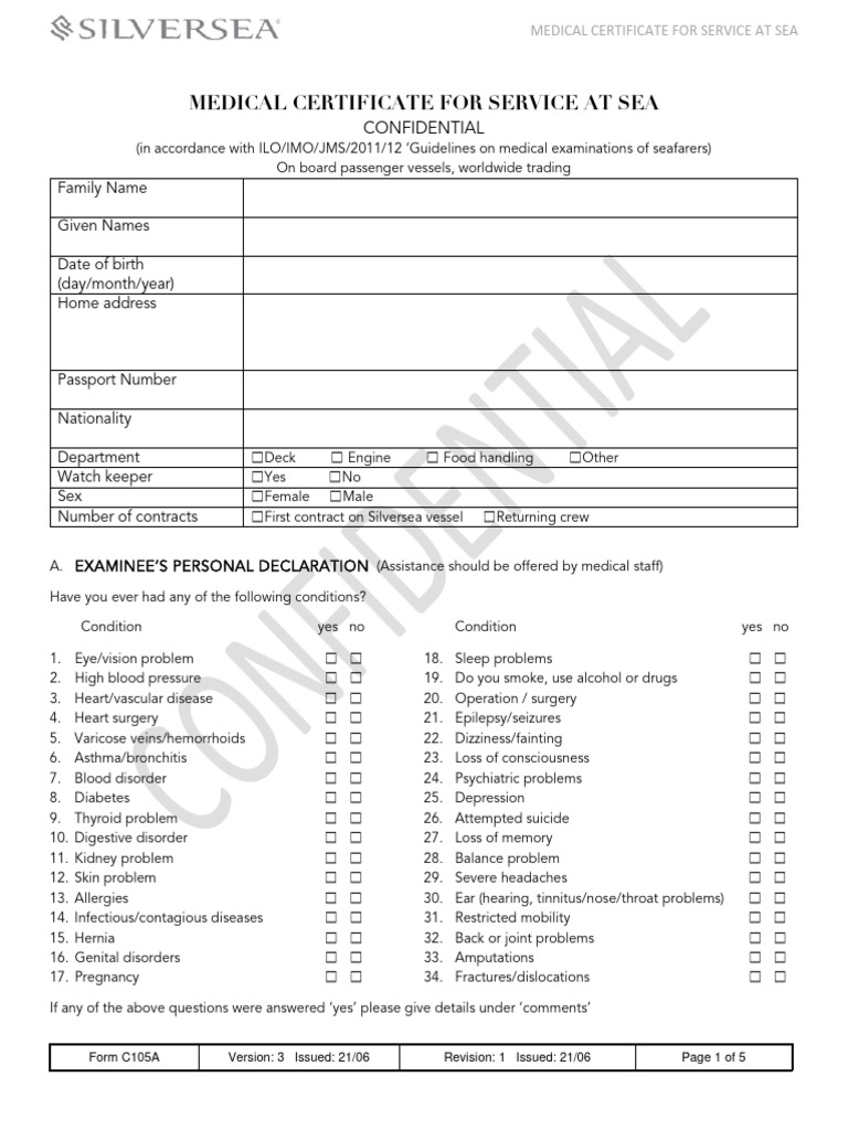 Silversea Medical Certificate C105A C105B | PDF | Blood Pressure | Eye