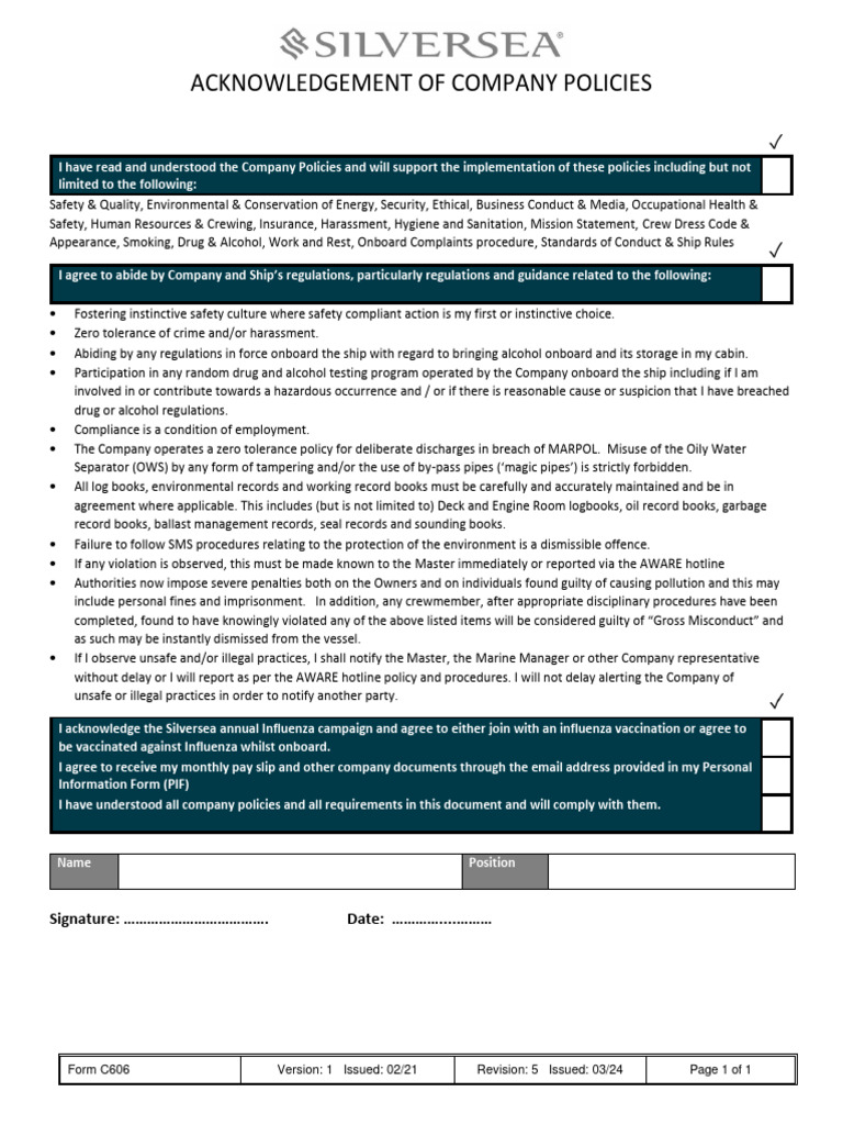 Company Policies Acknowledgment Form | PDF | Safety | Regulatory Compliance