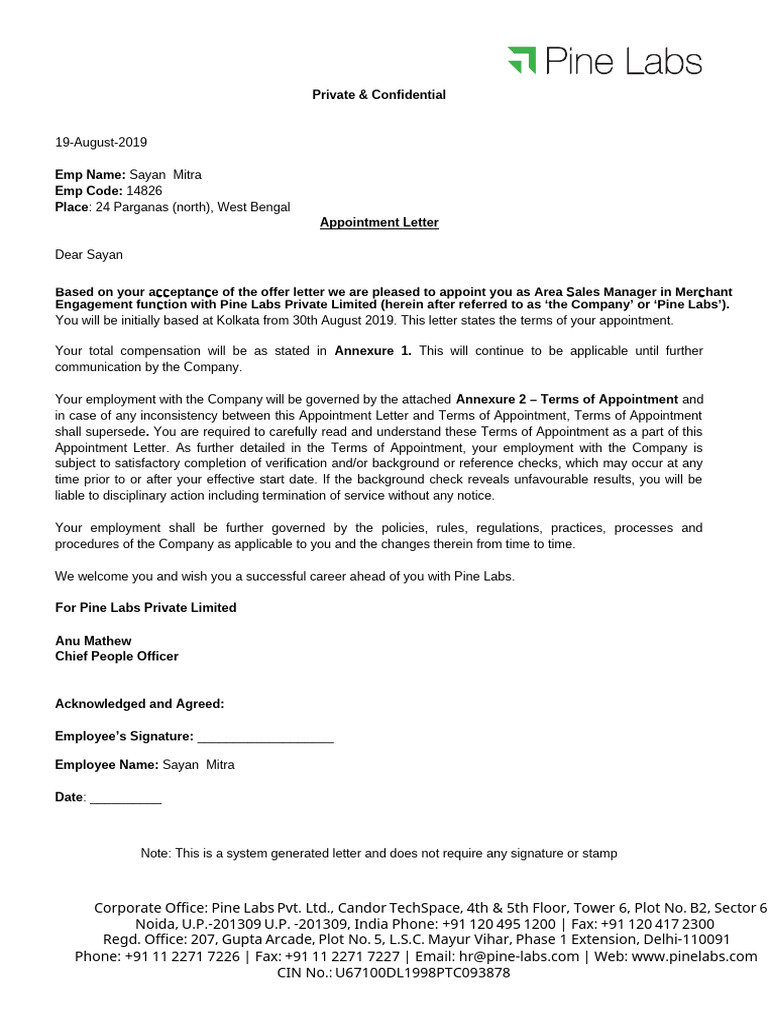 Pine Labs Appointment Letter for Sayan Mitra | PDF | Trade Secret ...