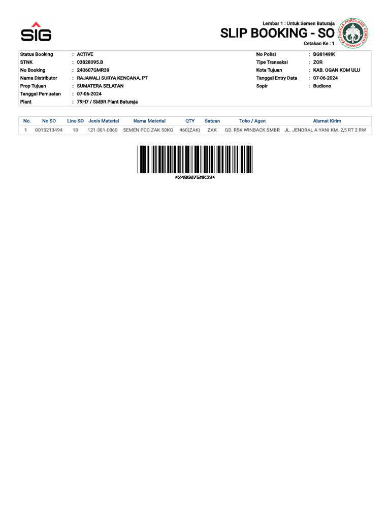 Slip Booking Semen Baturaja | PDF