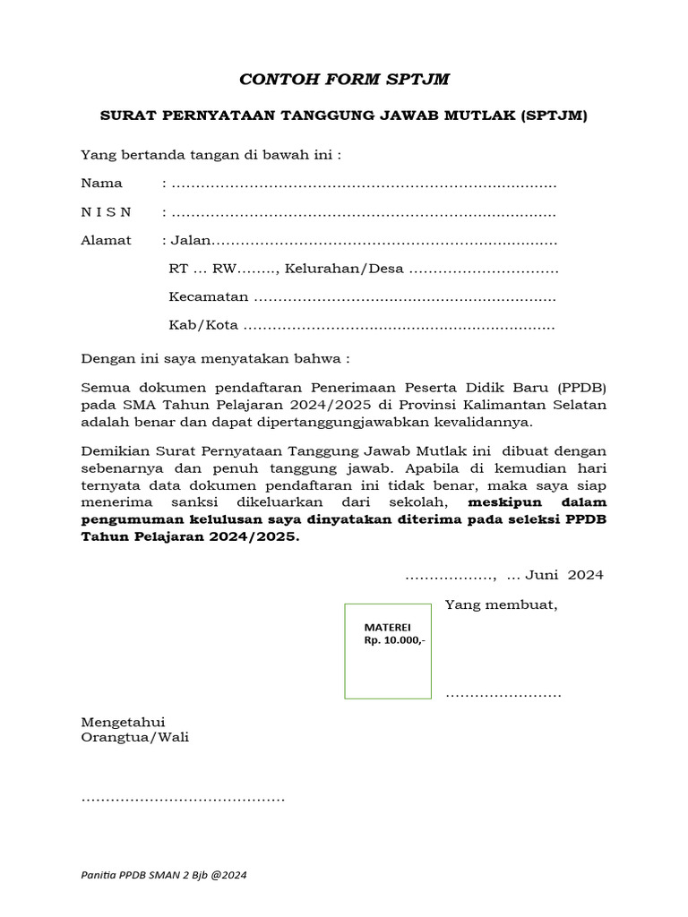 Contoh Form SPTJM 2024 | PDF