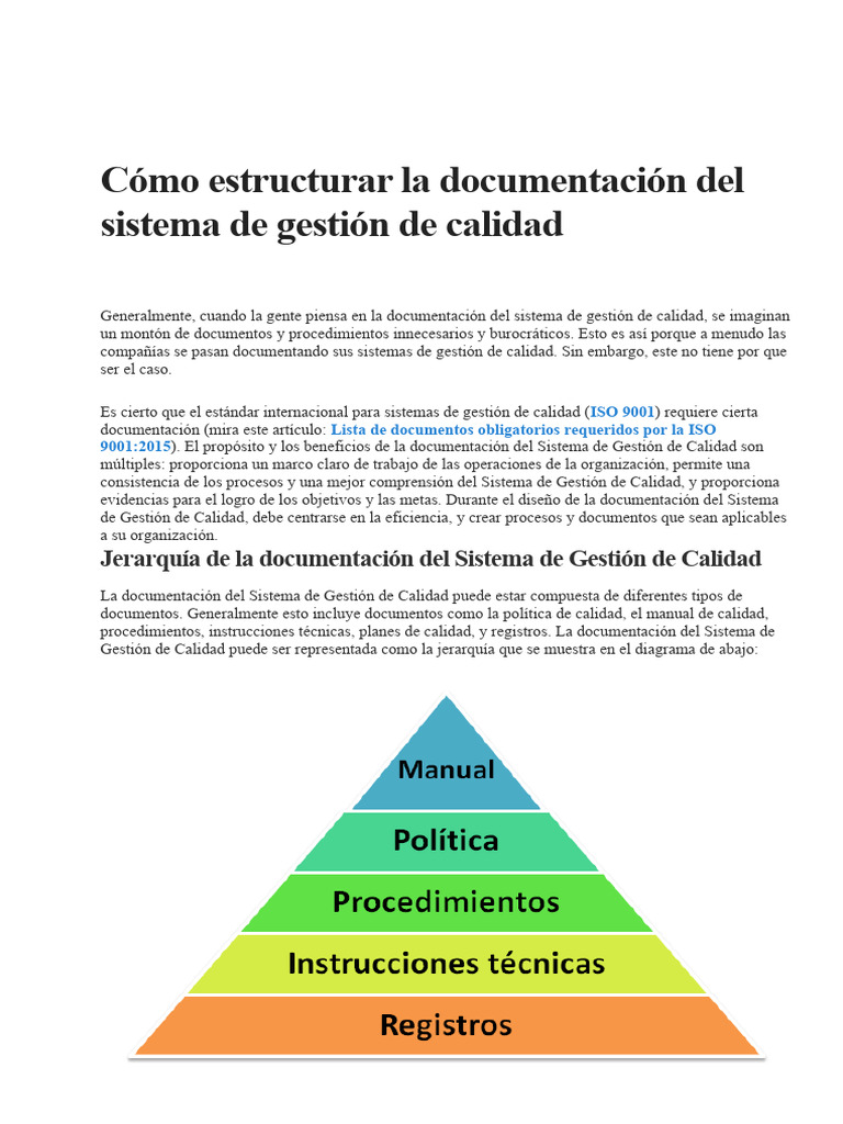 Cómo Estructurar La Documentación Del Sistema de Gestión de Calidad | PDF | Sistema de manejo de ...