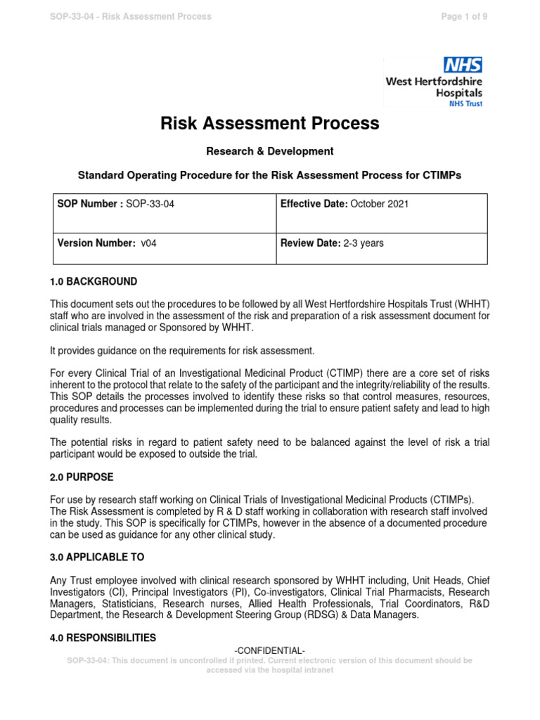 CTIMP Risk Assessment SOP Guide | PDF | Clinical Trial | Risk Assessment