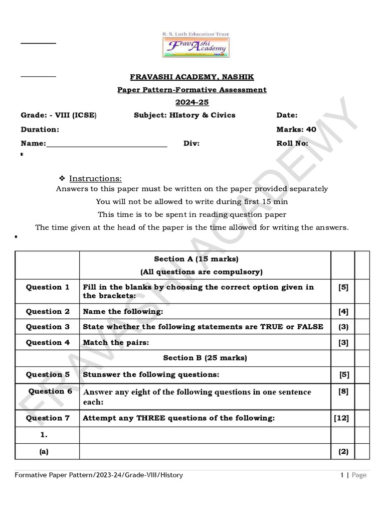 Grade VIII History Assessment Pattern | PDF