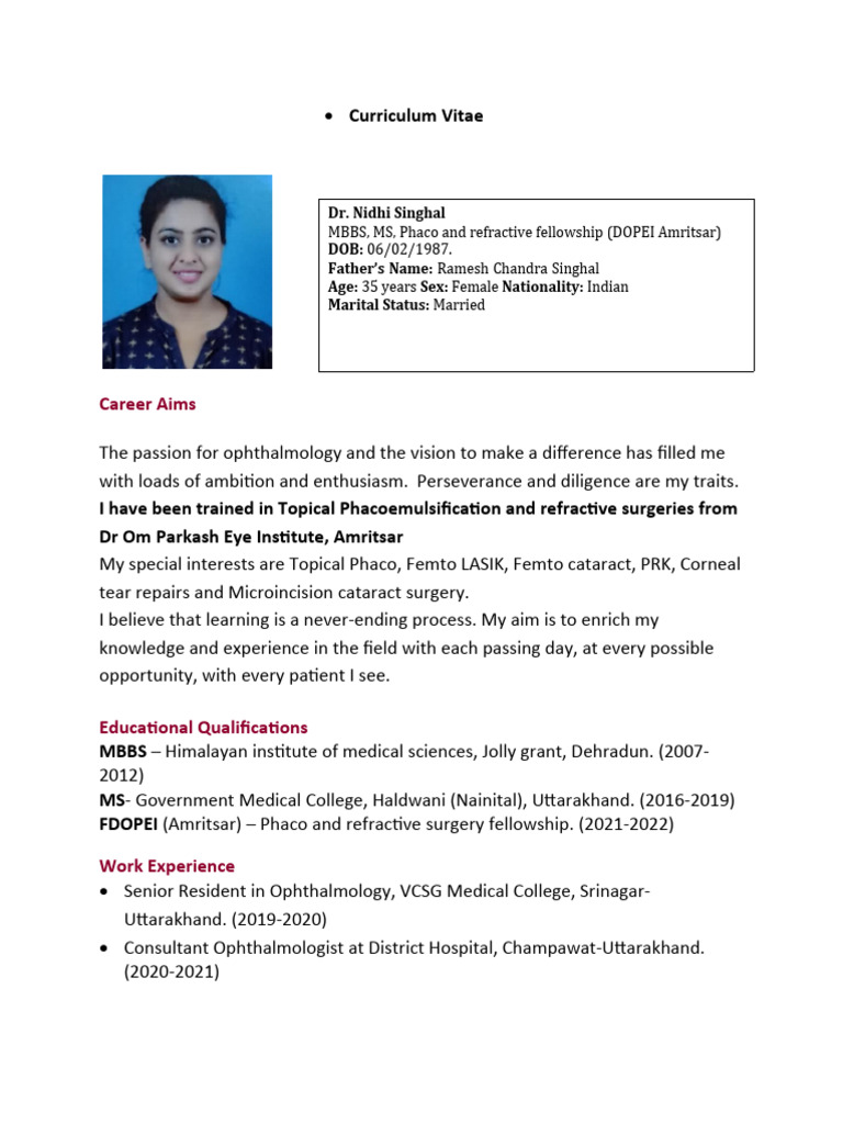 Dr. Nidhi Singhal's Ophthalmology CV | PDF | Ophthalmology | Clinical ...