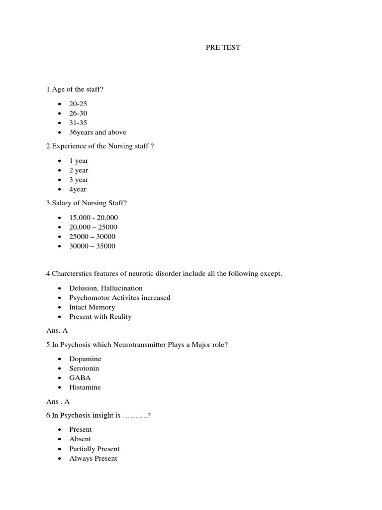 Pre Test | PDF | Psychosis | Antipsychotic