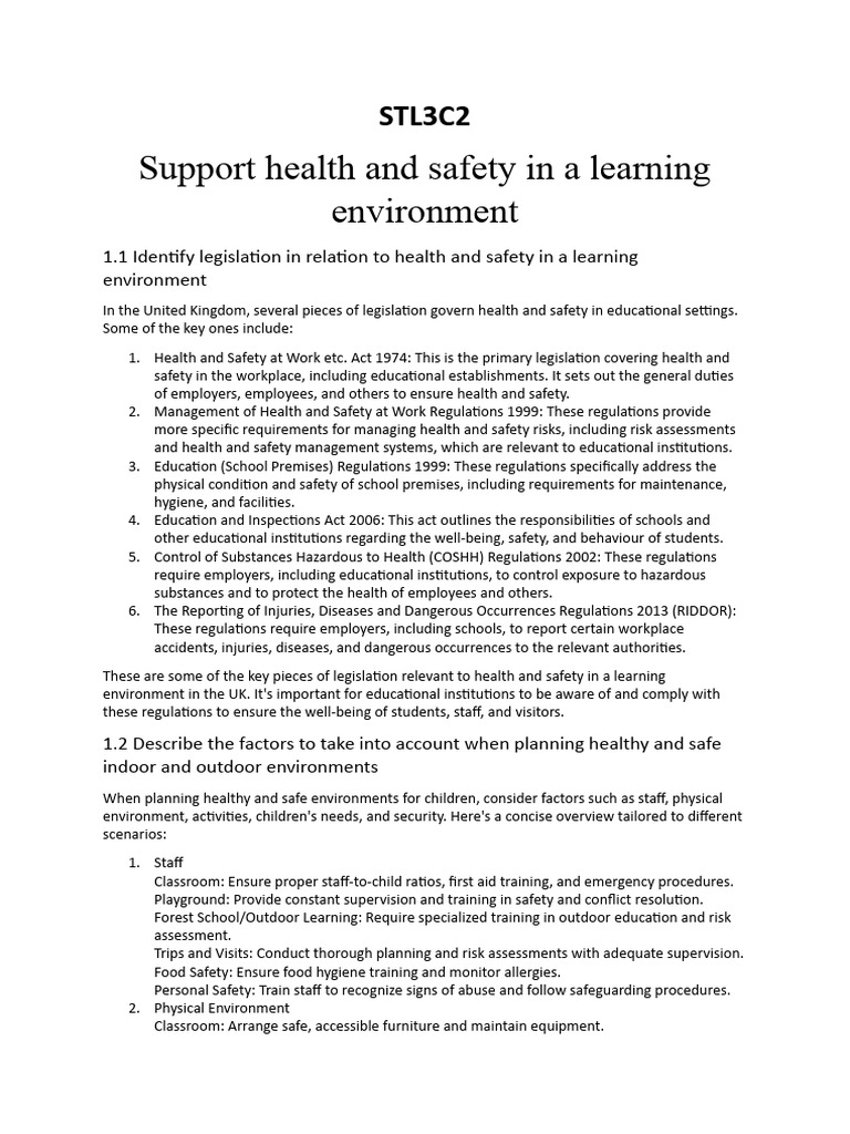 C2 - Support Health and Safety in A Learning Environment | PDF ...
