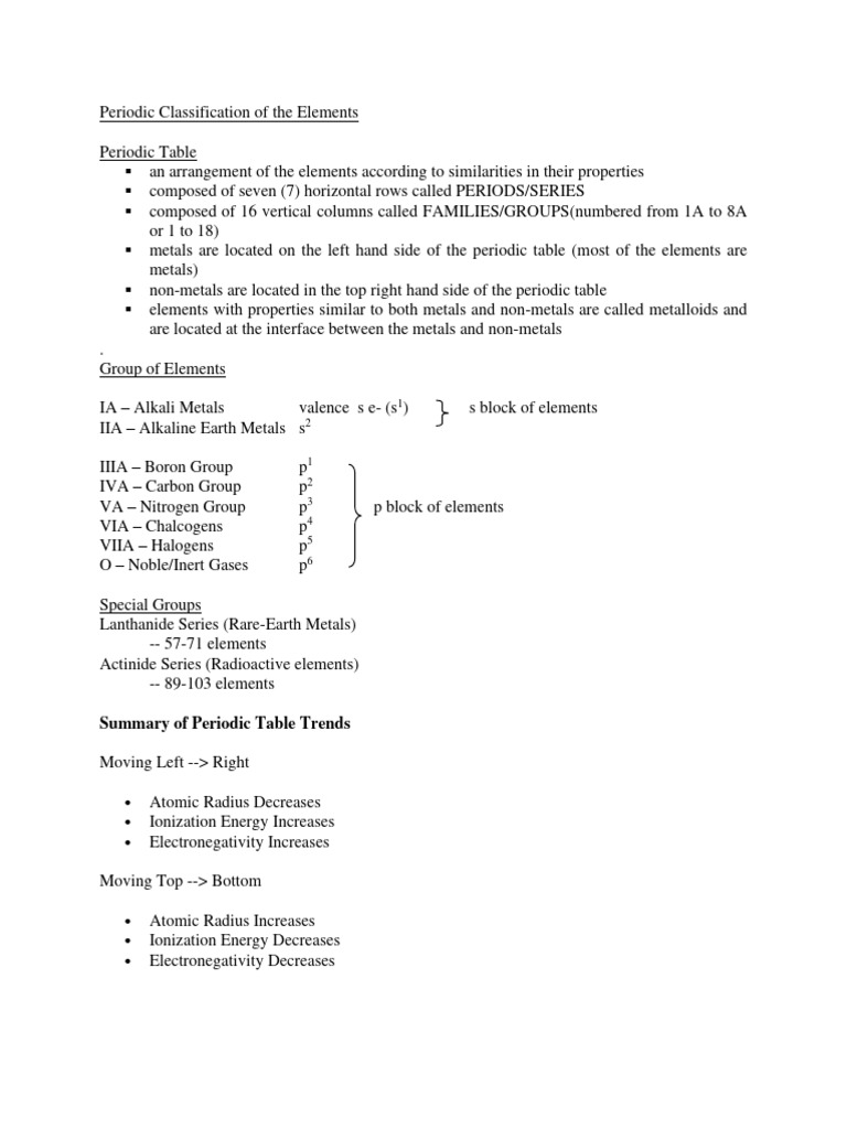 Handout - Periodic Classification of The Elements | PDF | Atomic ...