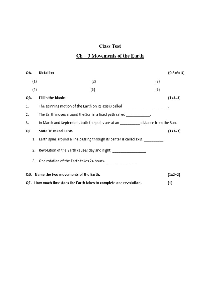 Earth Movements Class Test Questions | PDF | Earth | Rotation