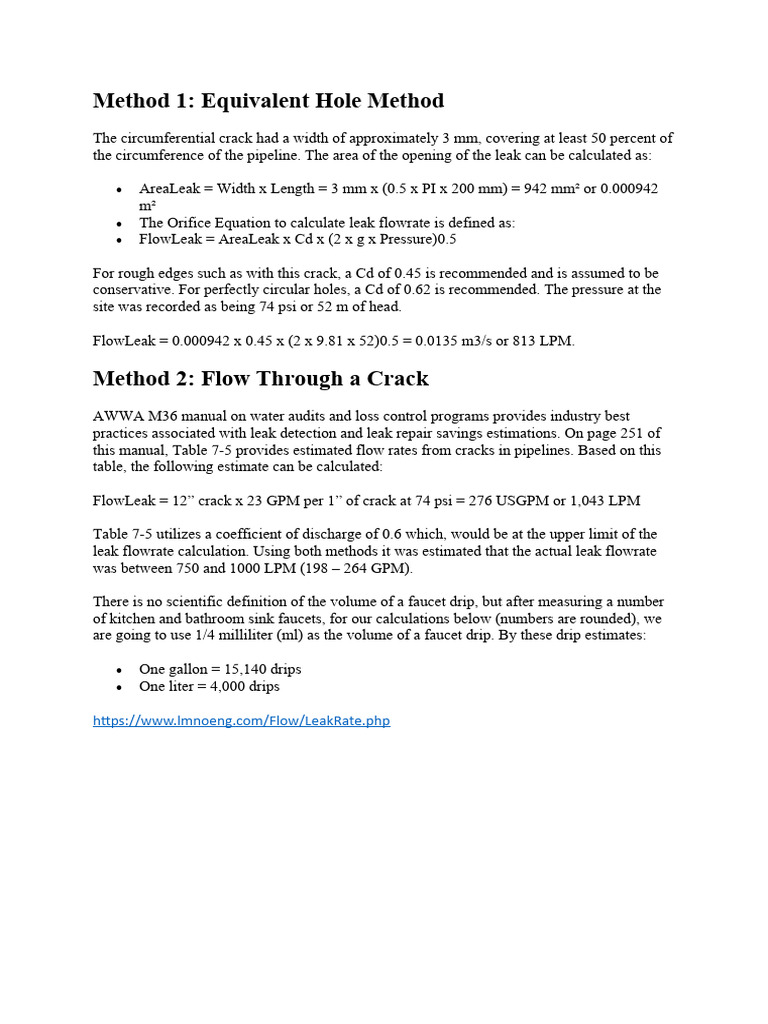 Water Leak Flow Rate Calculation Methods | PDF