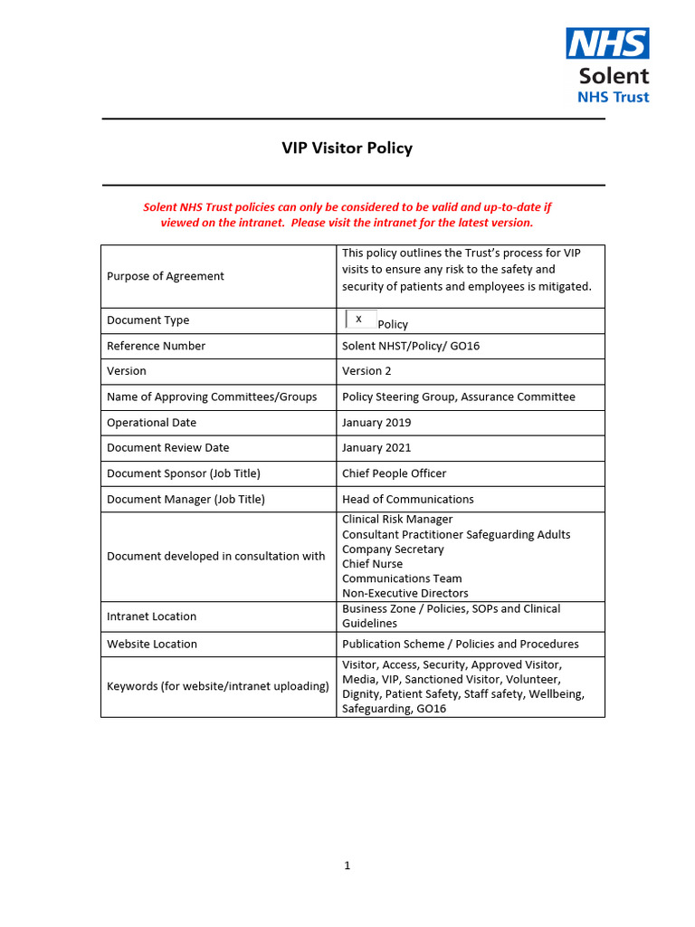 Vip Visitor Policy | PDF | Risk Management | National Health Service