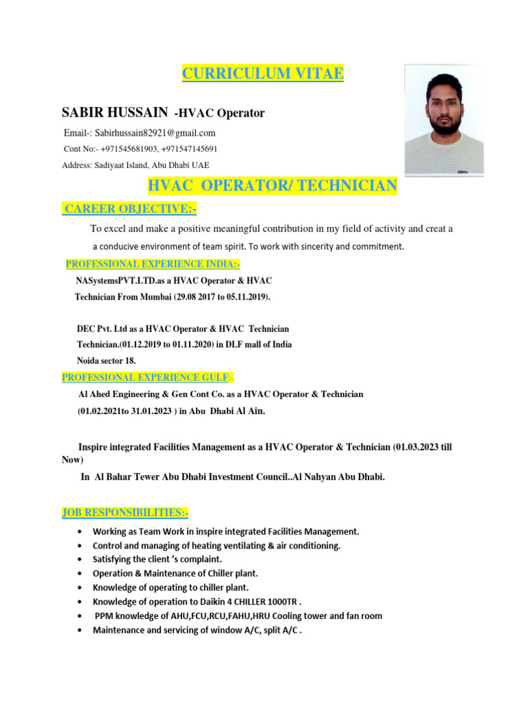 Resume Sabir Hussain | PDF | Air Conditioning | Thermodynamics