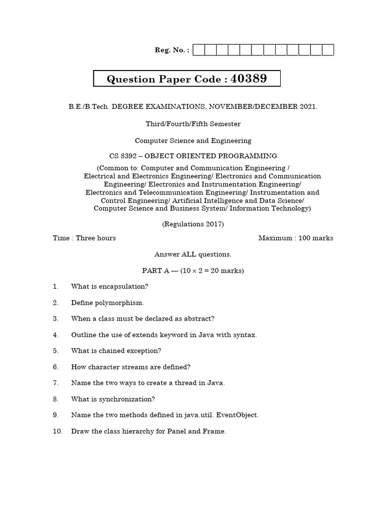 QP Oops Cs3391 | PDF | Method (Computer Programming) | Class (Computer ... QP Oops Cs3391 | PDF | Method (Computer Programming) | Class (Computer ...