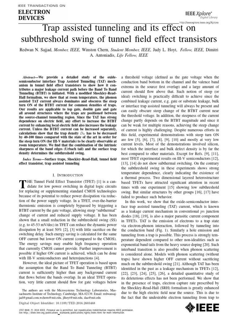 Trap Assisted Tunneling and Its Effect On Subthreshold Swing of Tunnel Field Effect Transistors ...