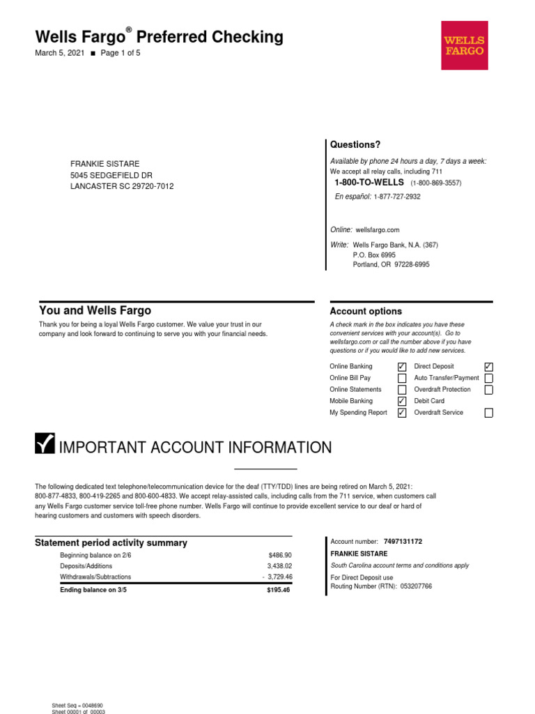 Wells Fargo Preferred Checking: Important Account Information | PDF ...