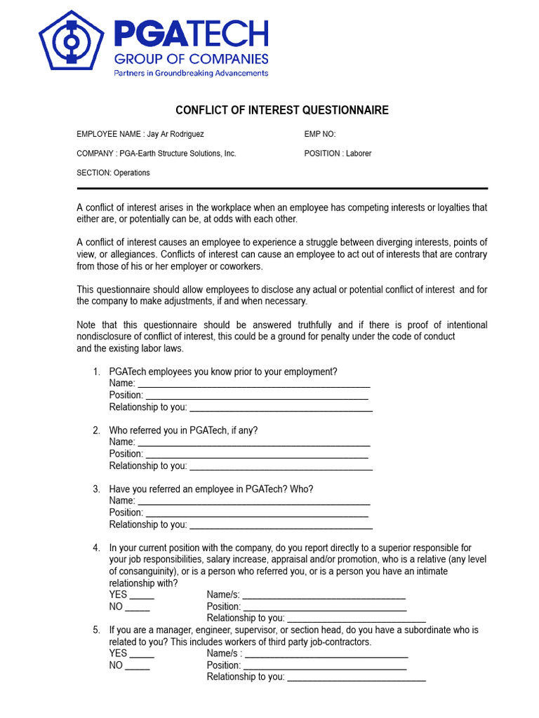Conflict of Interest Questionnaire-Rodriguez | PDF | Employment ...