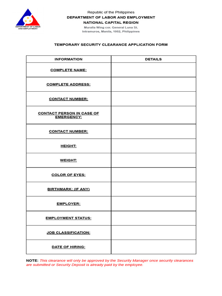 Temporary Work Clearance Form Pdf