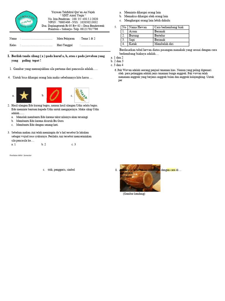 UAS TEMATIK SDIT AINUL YAQIN KELAS Tema 1 Dan 2 | PDF