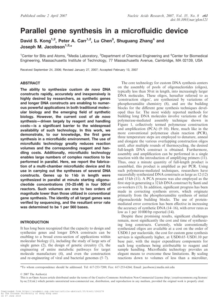 Kong 等。 - 2007 - Parallel gene synthesis in a microfluidic device | PDF ...