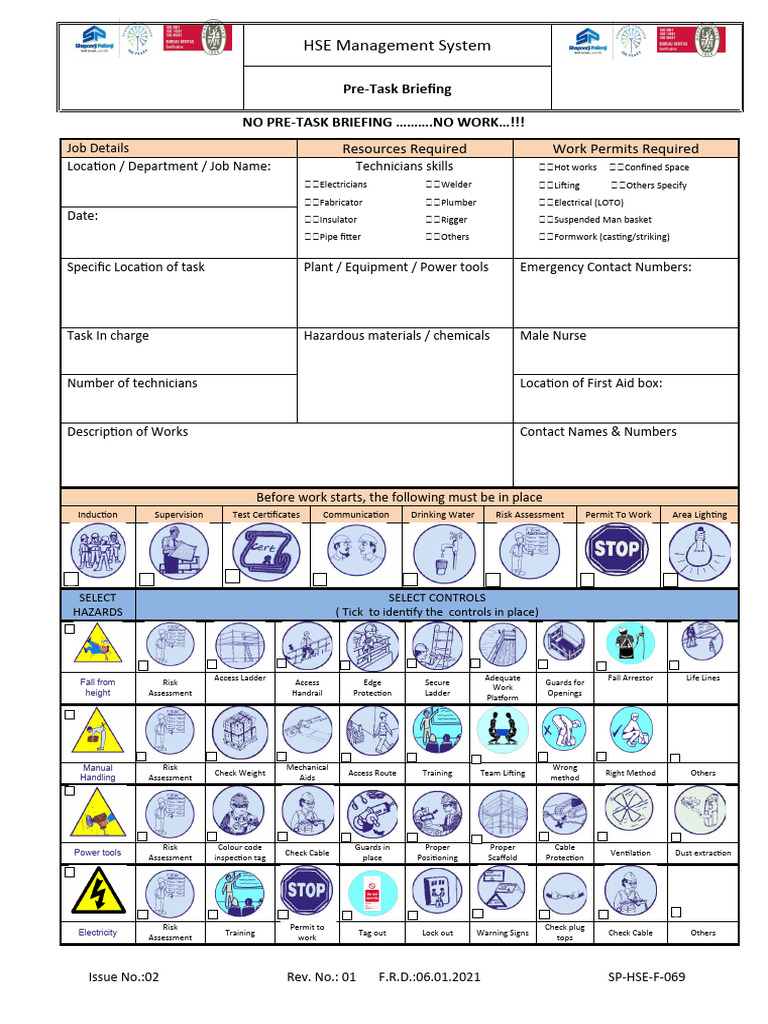SP-HSE-F-069- PRE-TASK BRIEFING | PDF | Personal Protective Equipment ...