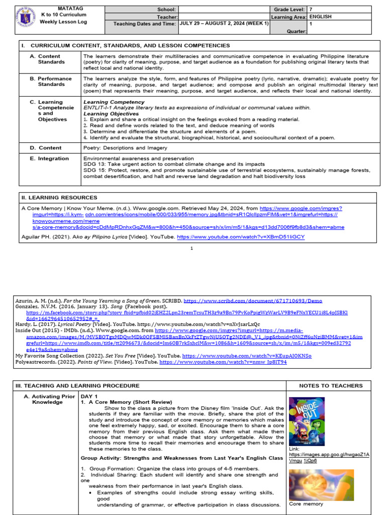 DLL Matatag - English 7 Q1 W1 | PDF | Learning | Cognition