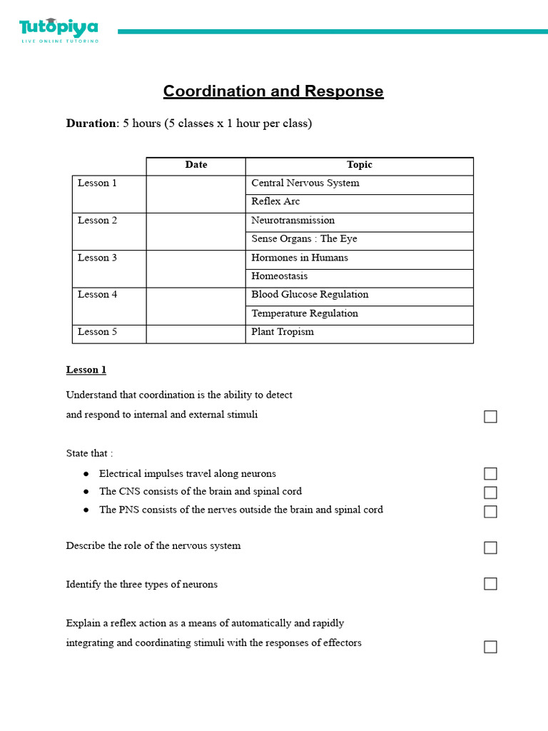B. Topic 14 Lesson Plan - Coordination and Response | PDF | Nervous System | Neuron