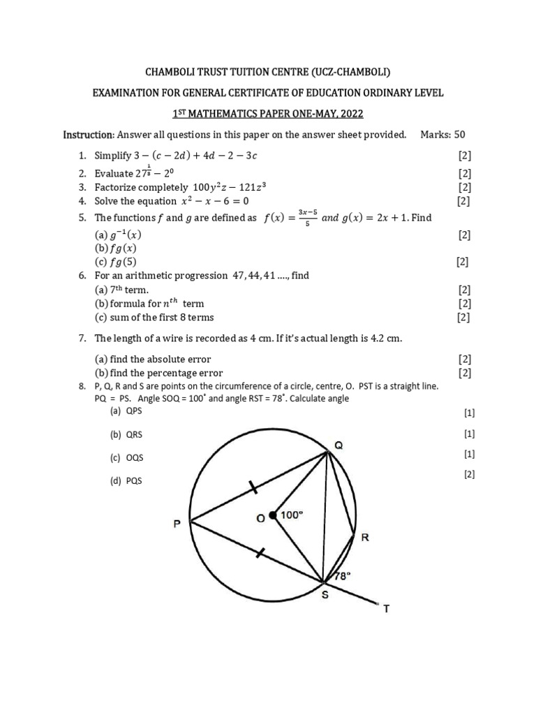 Gce Test One Mathematics Paper One | PDF | Matrix (Mathematics ...