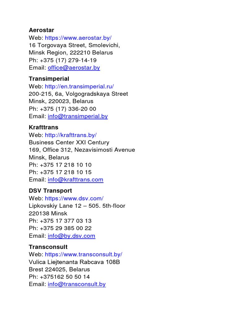 Belarus Freight Forwarder and Logistics Contact Data | PDF | Technology & Engineering