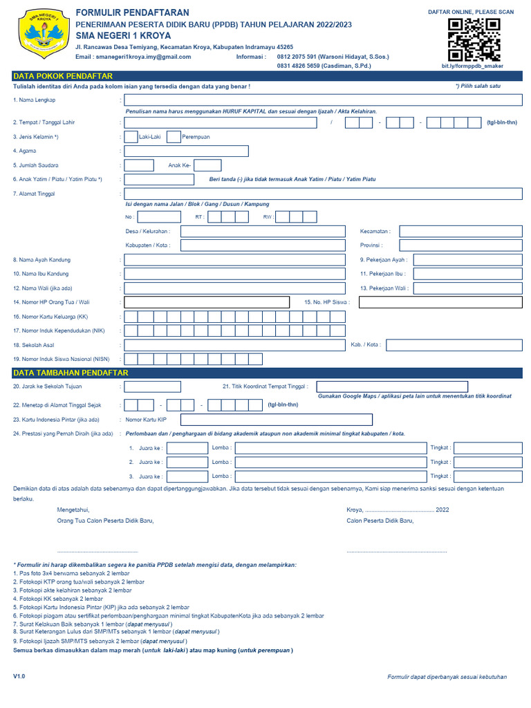 Formulir Pendaftaran PPDB 2022 SMAN 1 Kroya V1.0 | PDF