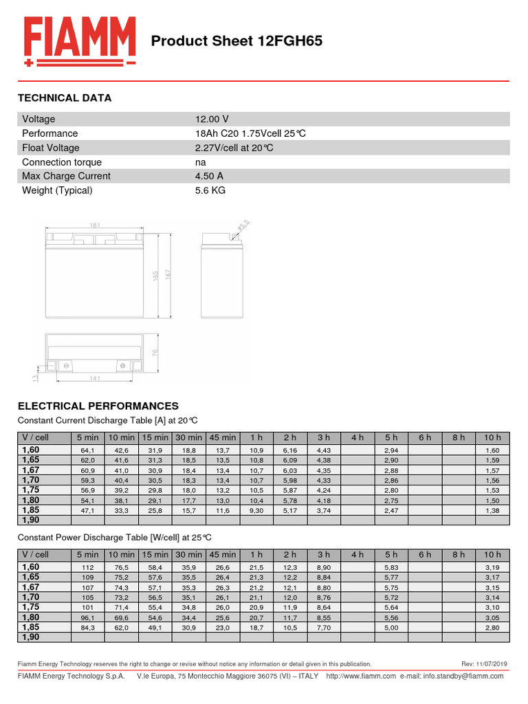 Fiamm 12FGH65 Battery Data Sheet | PDF | Electricity | Electrical ...