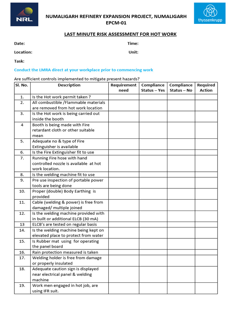 LAST MINUTE RISK ASSESSMENT FORMAT -HOT WORK | PDF | Fires | Welding