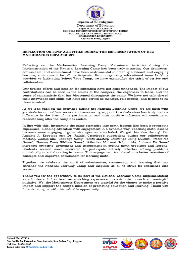 Reflection On LCV Activities During NLC | PDF | Learning | Mathematics