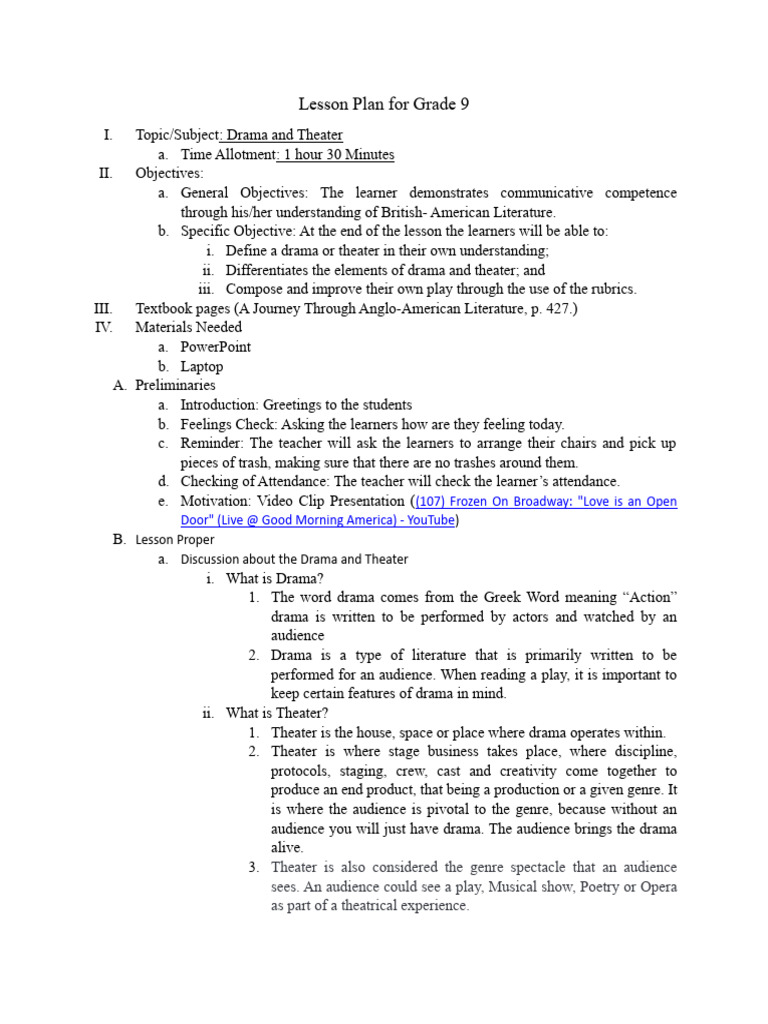 Lesson Plan For Grade 9 Demo Teaching | PDF | Play (Theatre) | Theatre