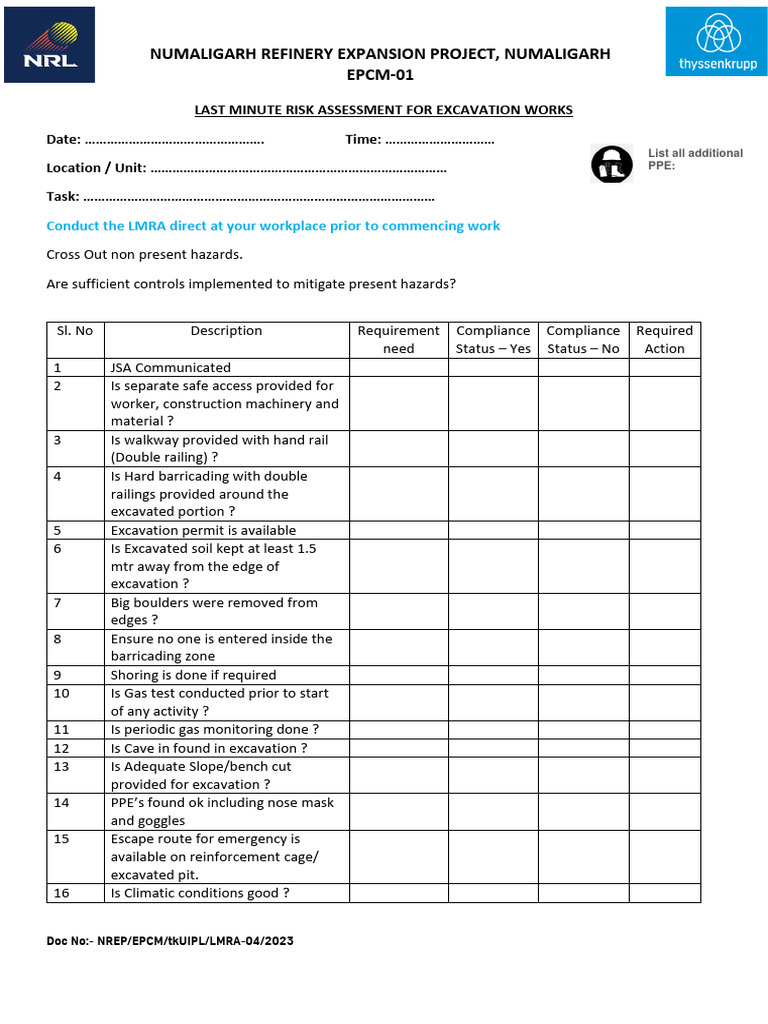 Last Minute Risk Assessment for Excavation | PDF | Personal Protective ...