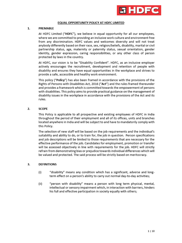 Equal Opportunity Policy at HDFC | PDF | Disability | Employment