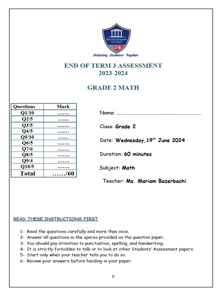 Grade 2 Math Assessment 2024 | PDF | Shape | Geometry